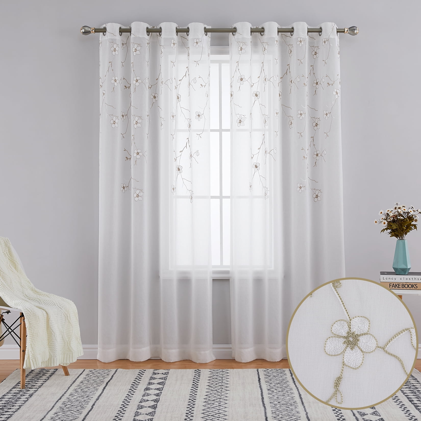 Haperlare 52x95 inch Floral Embroidery Sheer Curtains, Voile Drape ...