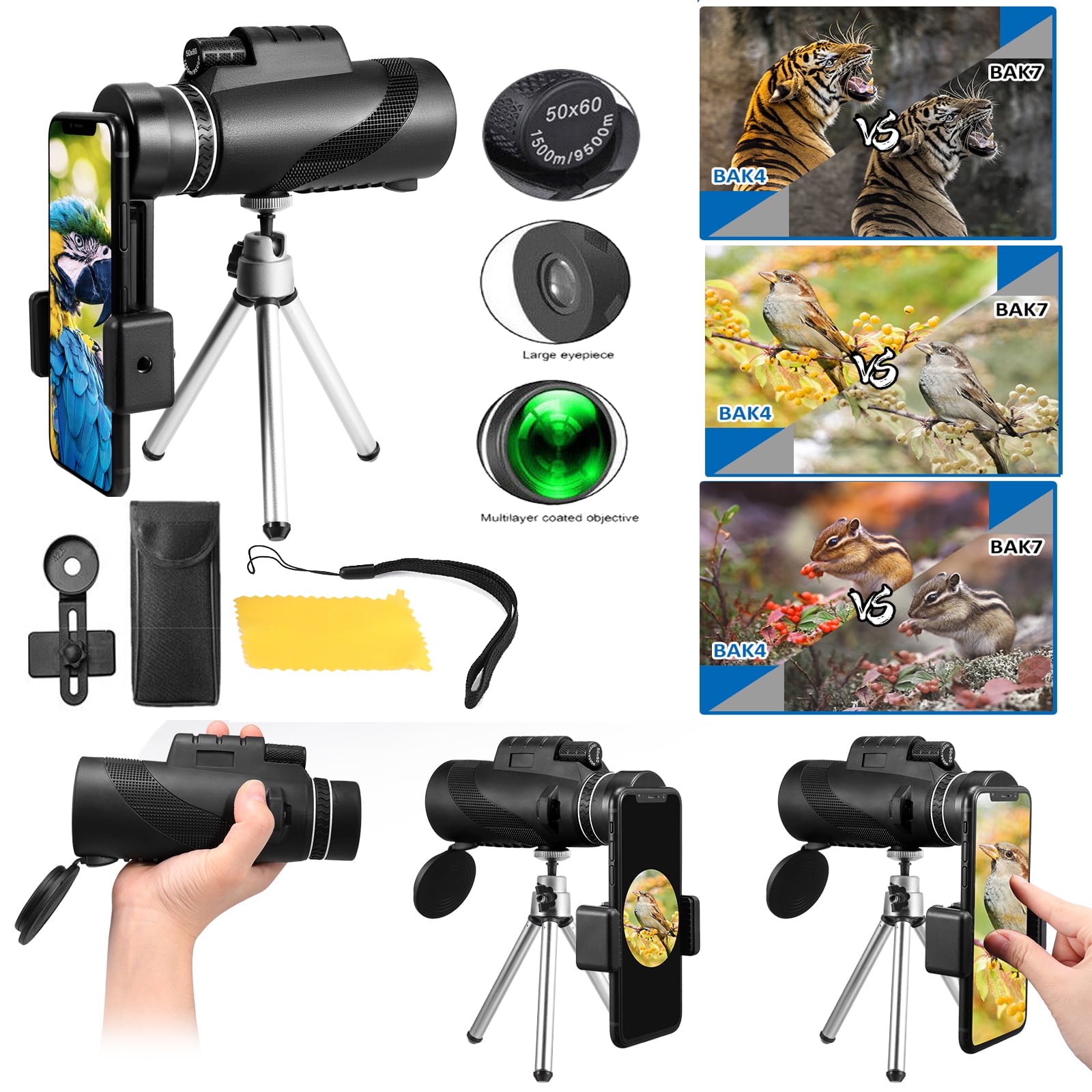 KKSQ 50x60 Monocular Telescope with Phone Holder+Tripod Stand+Bag,BAK4 ...