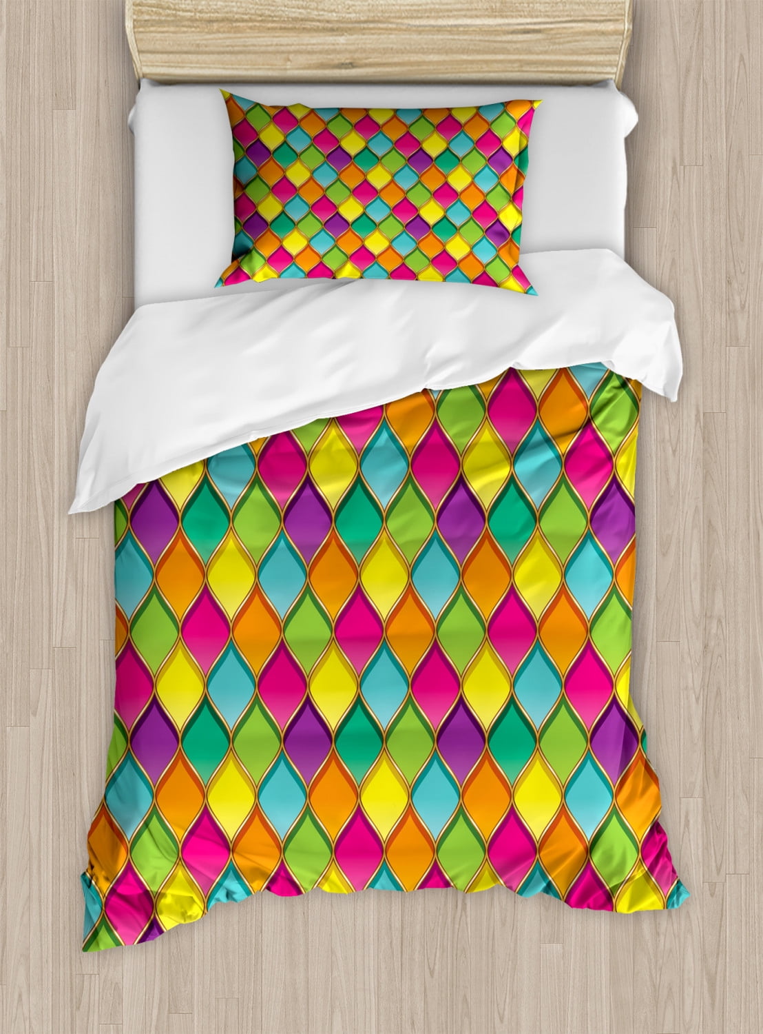 Geometric Duvet Cover Set Twin Size, Vivid Colored Stained Glass Style ...