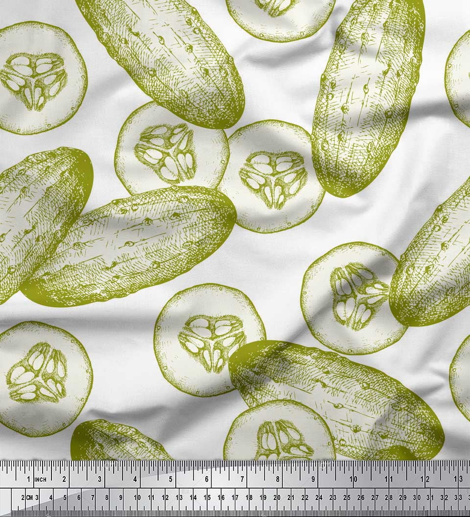 Soimoi White Heavy Satin Fabric Cucumber Vegetable Print Fabric by the ...