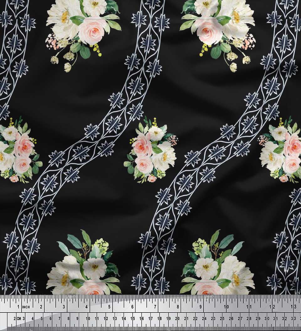 Soimoi Black Cotton Duck Fabric Camellias & Ranunculus Floral Fabric ...