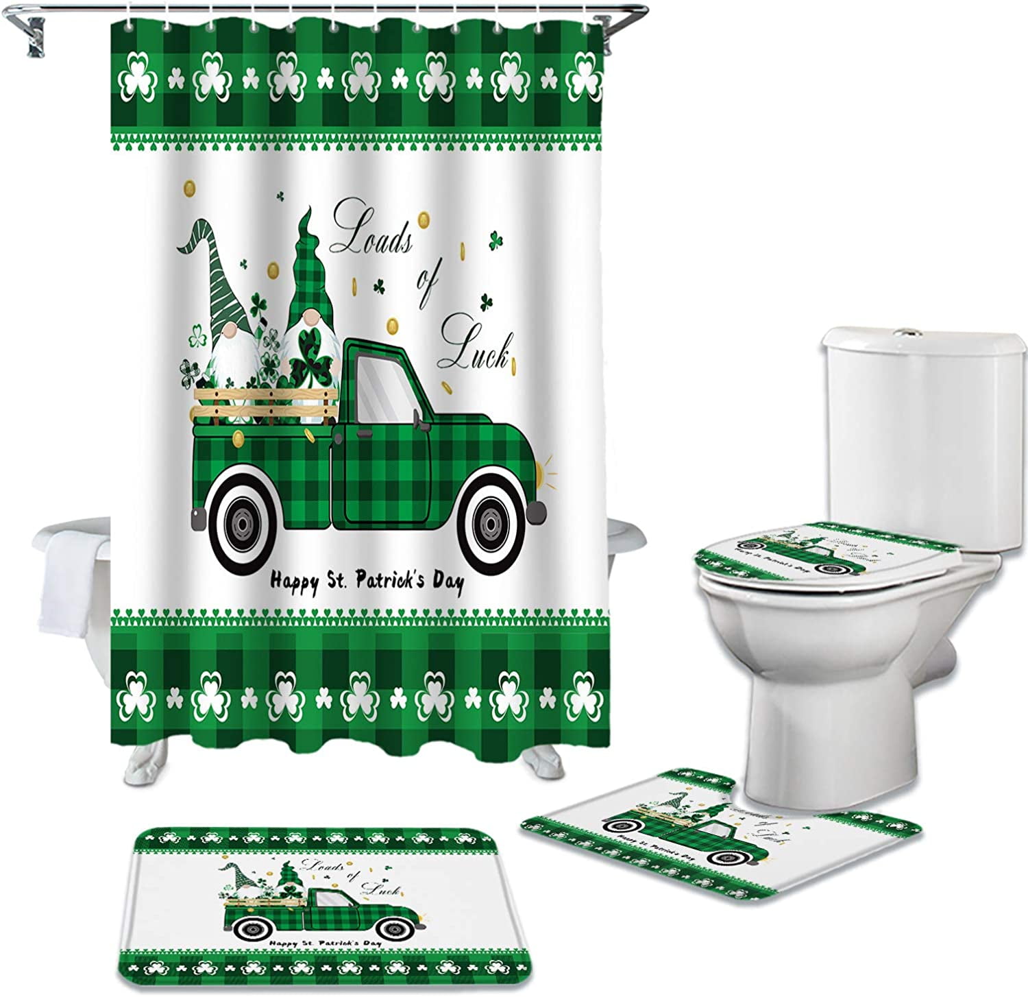 FMSHPON Buffalo Plaid TruckGnome Elf Clover 4 Piece Bathroom Set Shower ...