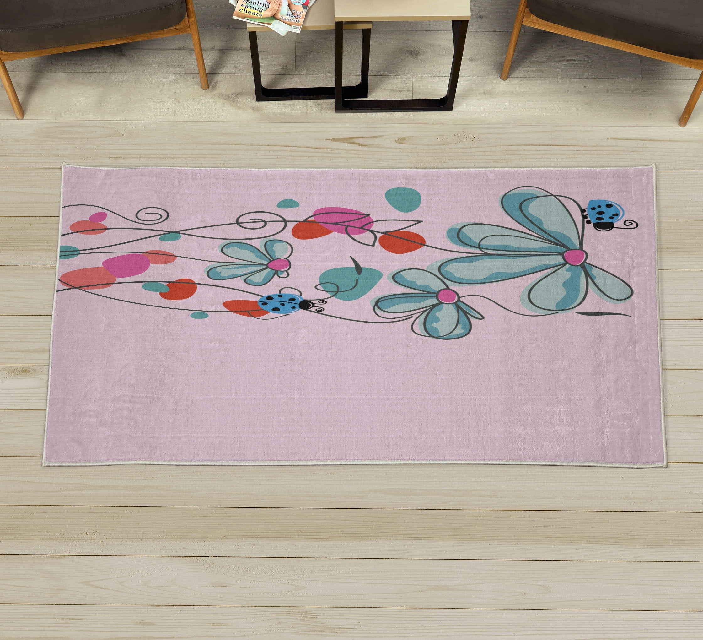 Spring Decorative Rug, Flowers Oval Dome-Shaped Ladybugs Illustration ...