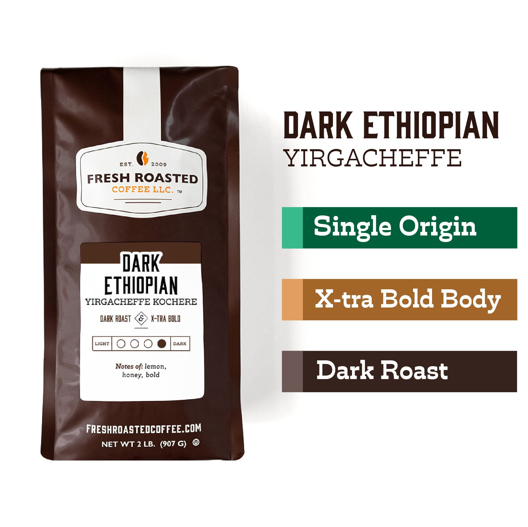 Fresh Roasted Coffee, Dark Ethiopian Yirgacheffe Kochere Coffee, Dark Roast, Whole Bean, 32 oz ...