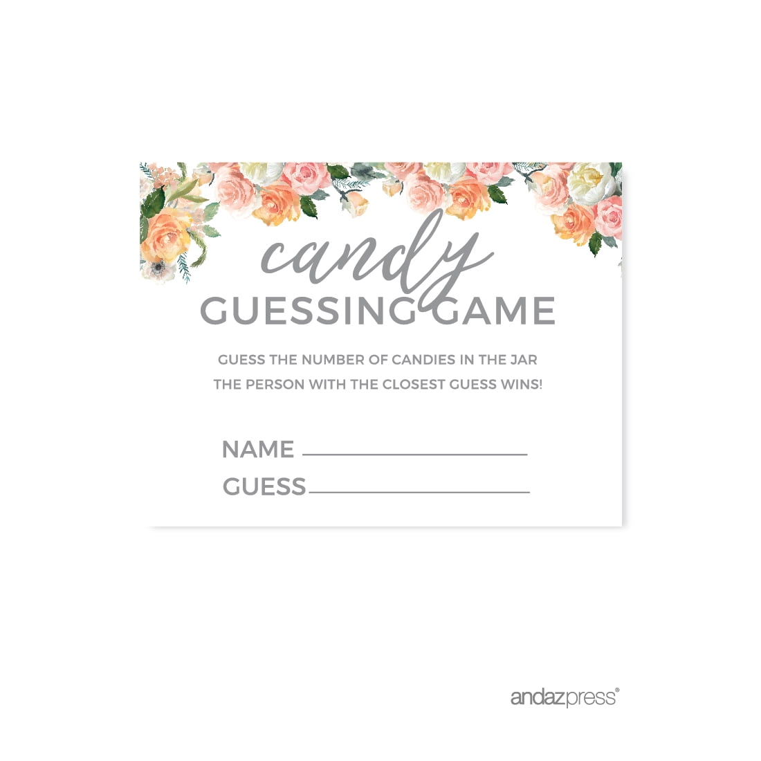 Peach Coral Floral Garden, Candy Guessing Game Cards, 30-Pack, Games ...