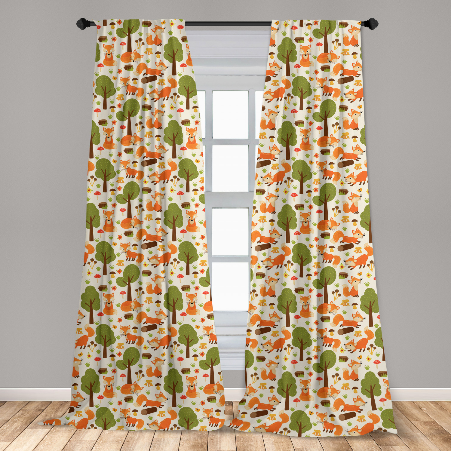 Fox Curtains 2 Panels Set, Wildlife Illustration with Foxes Mushrooms ...