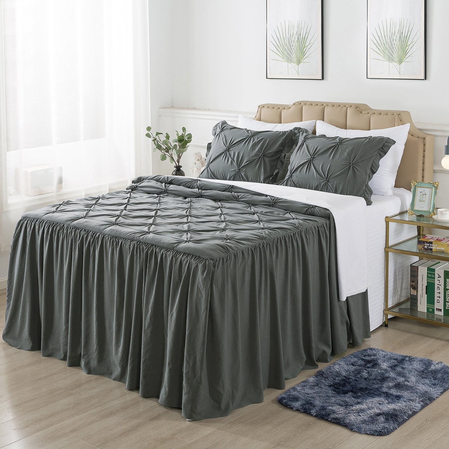 JML 4 Piece Pintuck Ruffle Skirt Bedspread Full Size,Dark Grey Coverlet ...