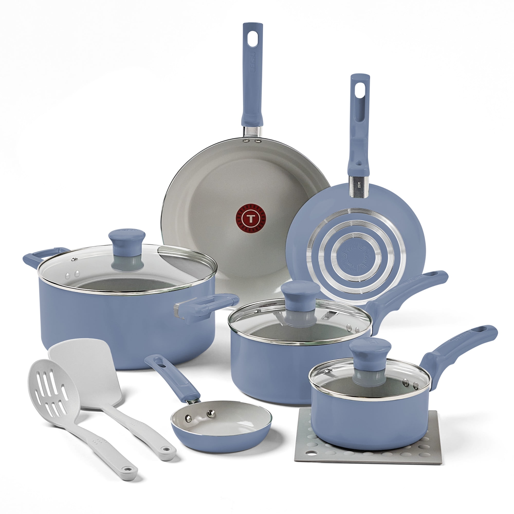 T-fal Ceramic Essential, 12 Piece Cookware Set, Blue, TFAL CERAM 12PC ...