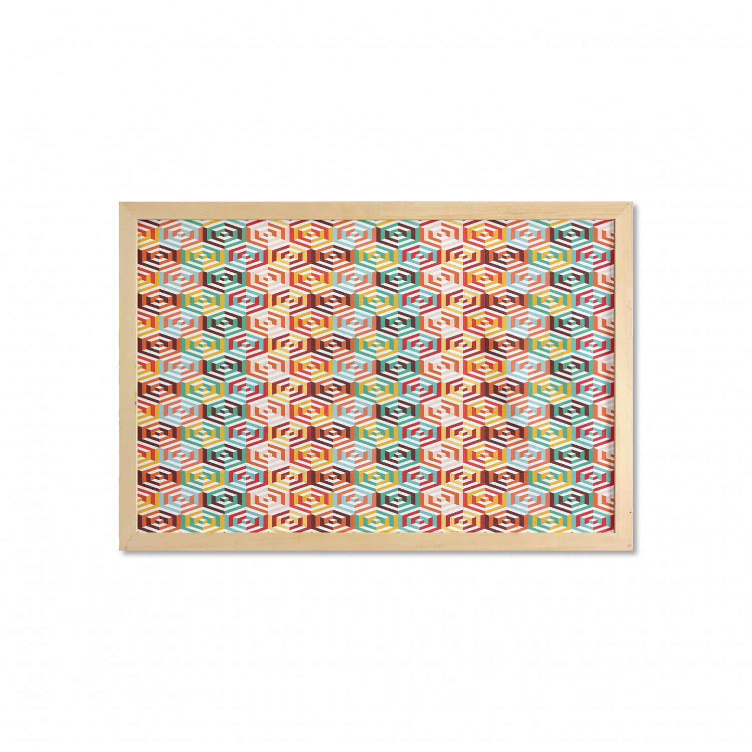 Geometric Wall Art With Frame Abstract Cubes Isometric Hexagonal Shaped Pattern Colorful Retro