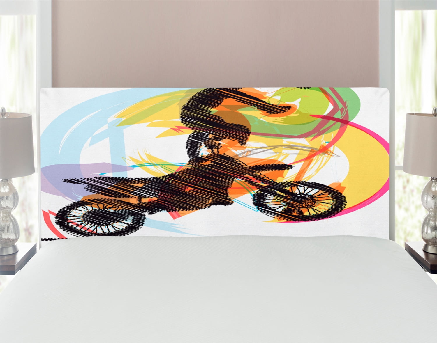 Motorcycle Headboard, Sketch of Biker Performing Image on Abstract ...