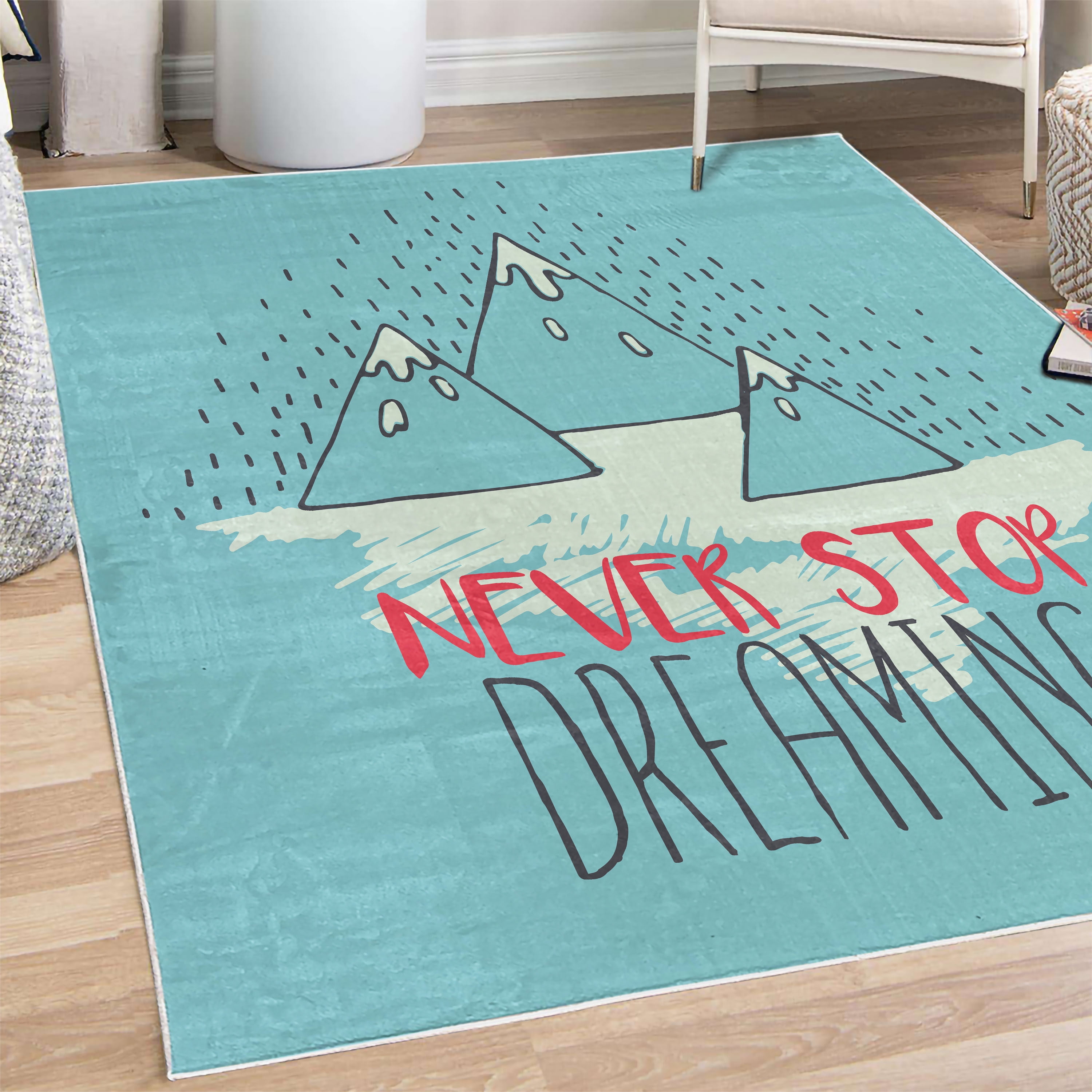 Saying Decorative Rug, Mountain Peaks and Never Stop Dreaming Goals ...