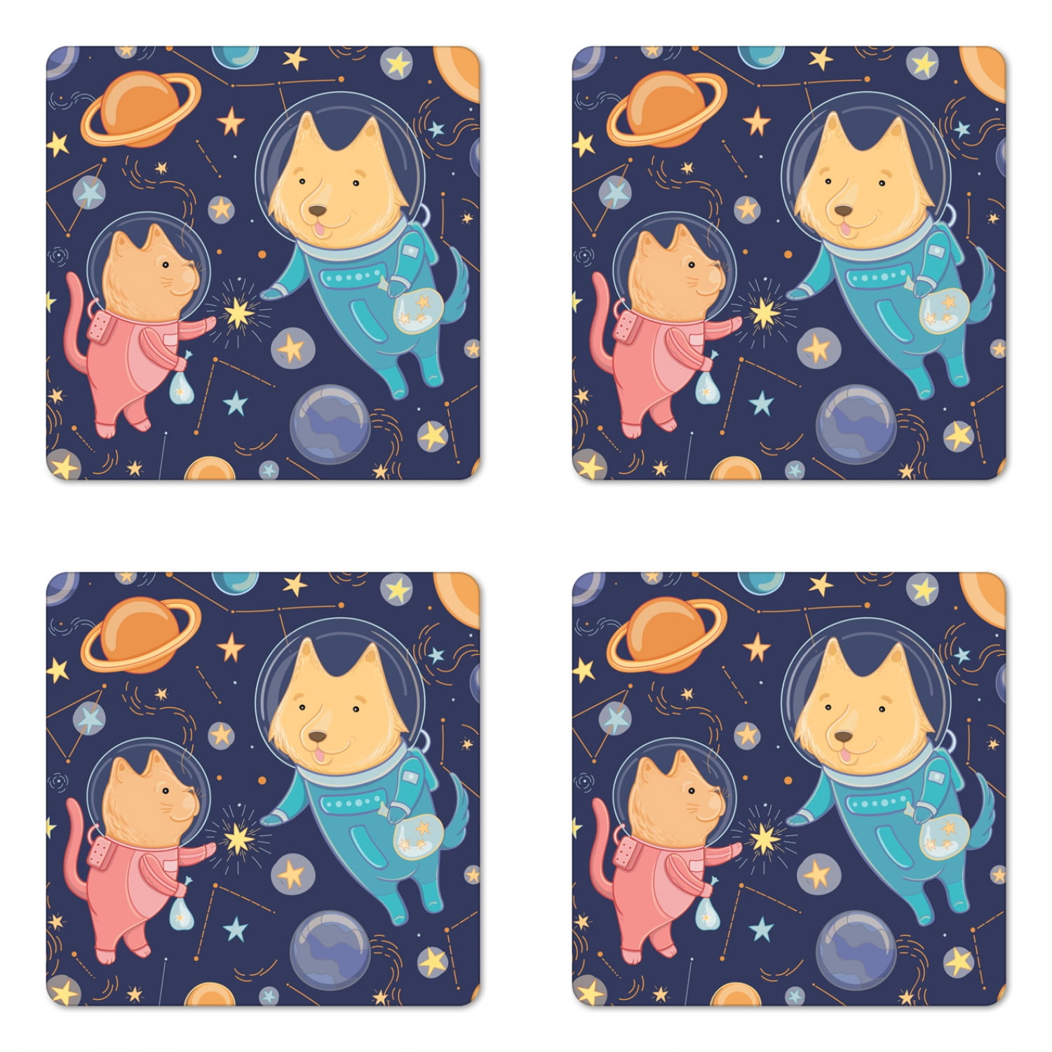 Space Coaster Set of 4, Cartoon Dog and Cat Floating Among the Stars ...