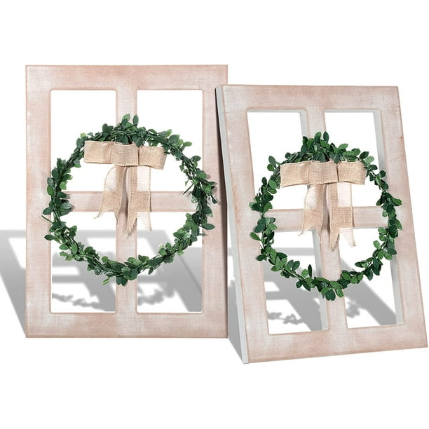 2 Pieces Wood Window Frame Wall Decor with Wreath and Bow Wall Decor ...