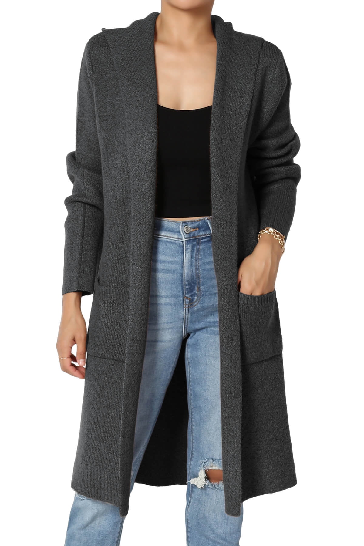 Women's Cozy Hooded Pocket Open Front Ribbed Knit Jacket Sweater ...