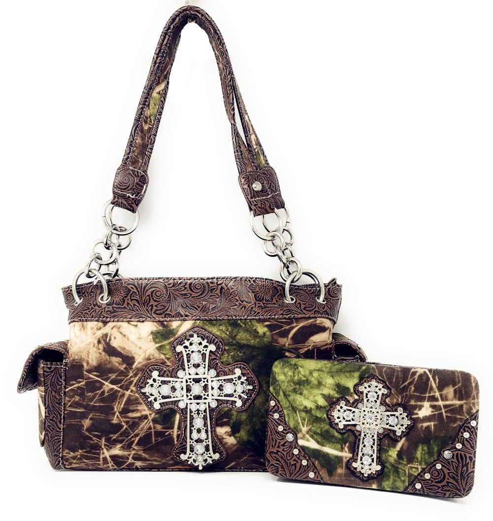 Premium Rhinestone Camouflage Cross Leather Women's Handbag Purse ...