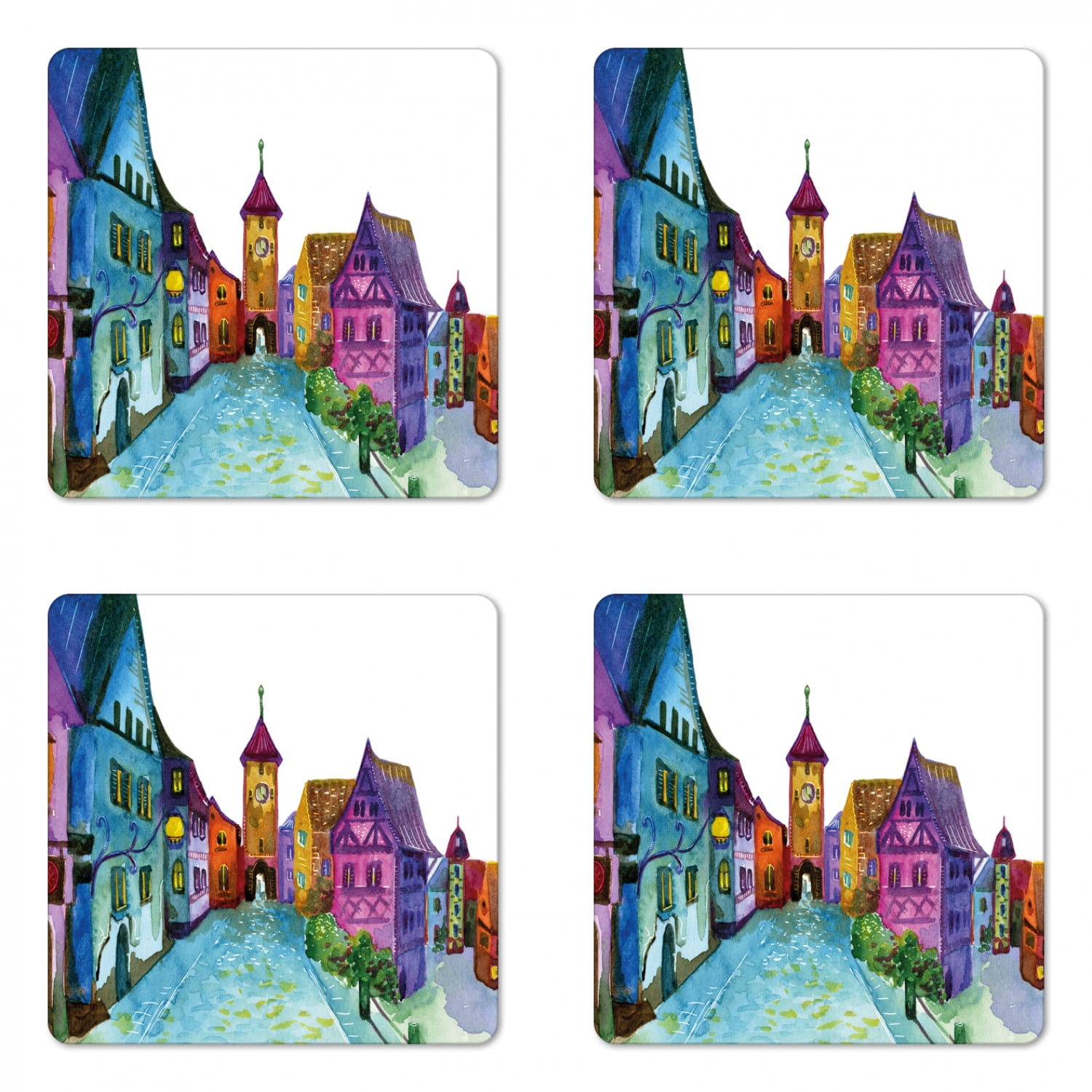 Cartoon Coaster Set of 4, European Scenery with Pastel Colors and Road ...