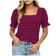 Aimik Women's Plaid Square Neck Blouse Puff Short Sleeve Ruffle Cuff ...