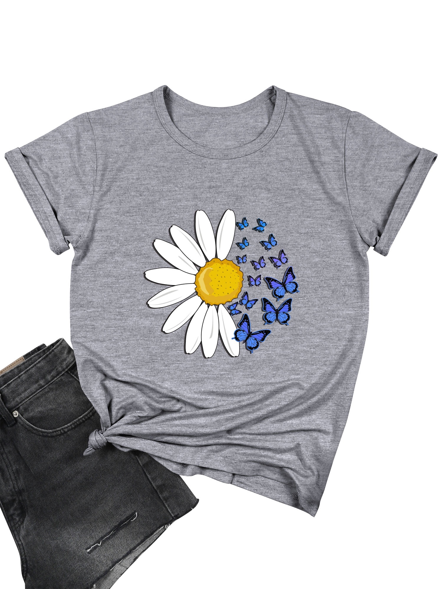 Xuanfei Women Butterflies Daisy Graphic Print Round Neck Short Sleeve T ...