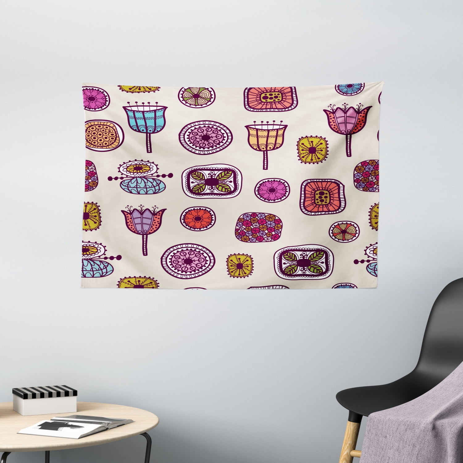 Doodle Tapestry, Abstract Shapes with Retro Inspired Colors Flowers ...