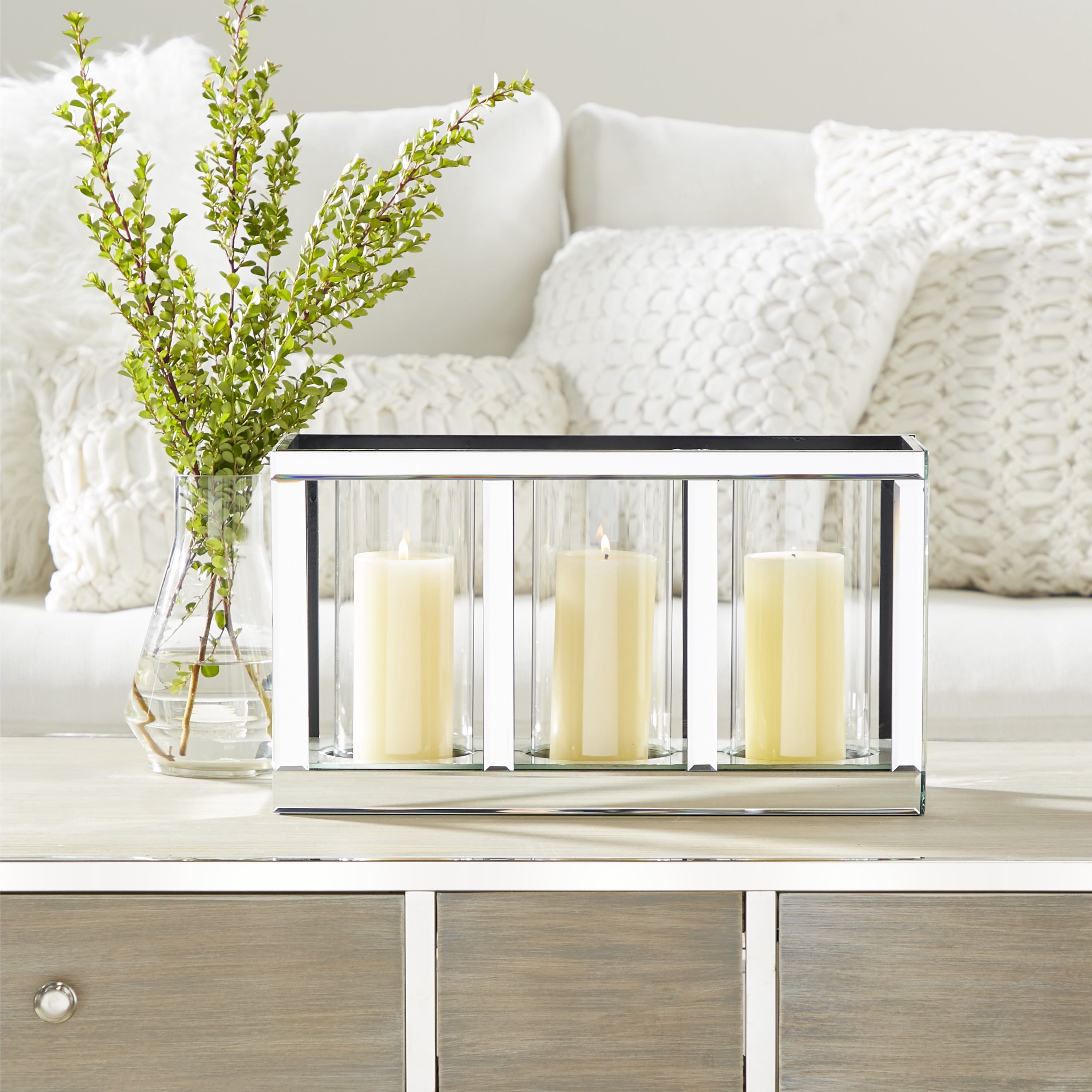 DecMode 3 Holder Silver Glass Pillar Candelabra with Mirrored Accents ...