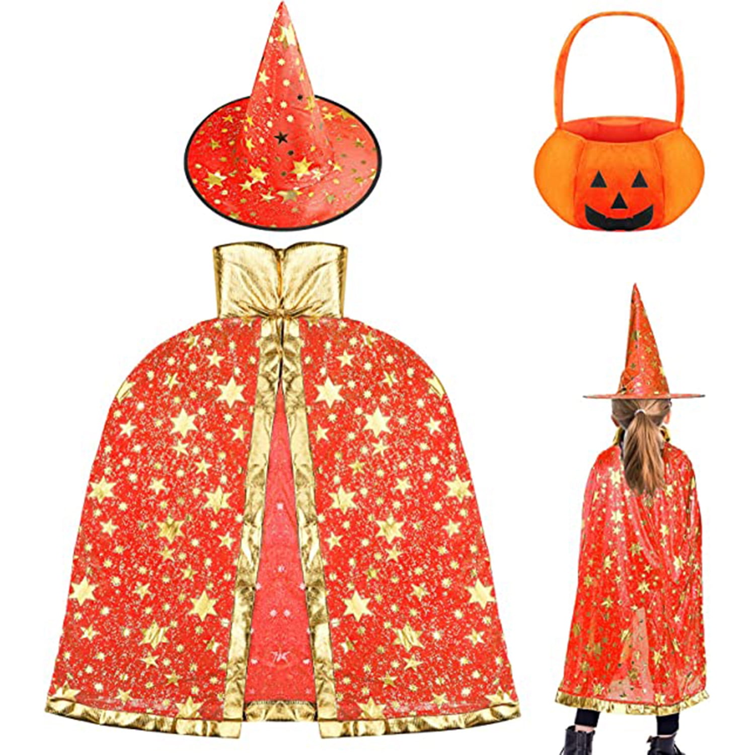Halloween Wizard Cape Witch Cloak with Wizard Hat and 2 Pumpkin Goody ...