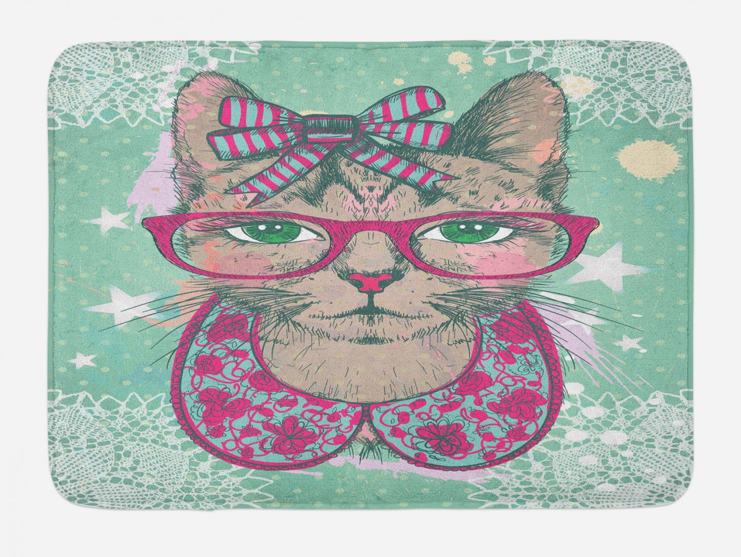 Cat Bath Mat, Fashion Cat in Hipster Glasses and Lace Collarette Bow ...