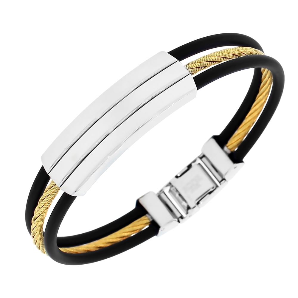 Stainless Steel Black Rubber Silicone Two-Tone Twisted Cable Rope Men's ...