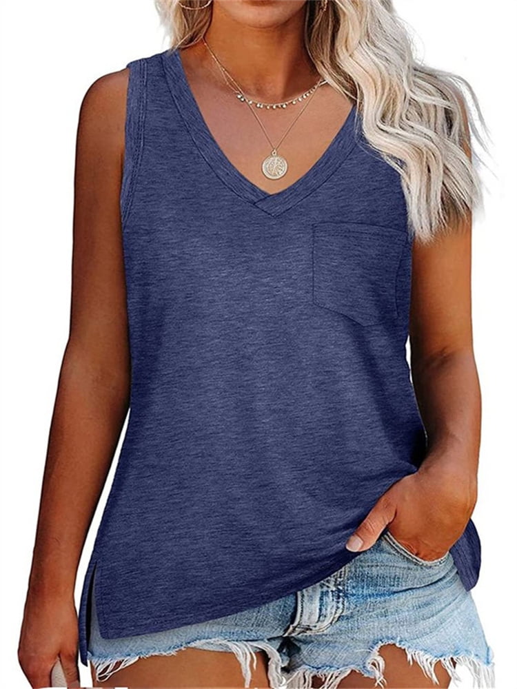 Langwyqu Summer V-Neck Sleeveless Solid Color Plus Size Women Tank Tops ...