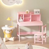 Kids Desk and Chair Set, Pink Wooden Study Desk for Kids with Drawers ...