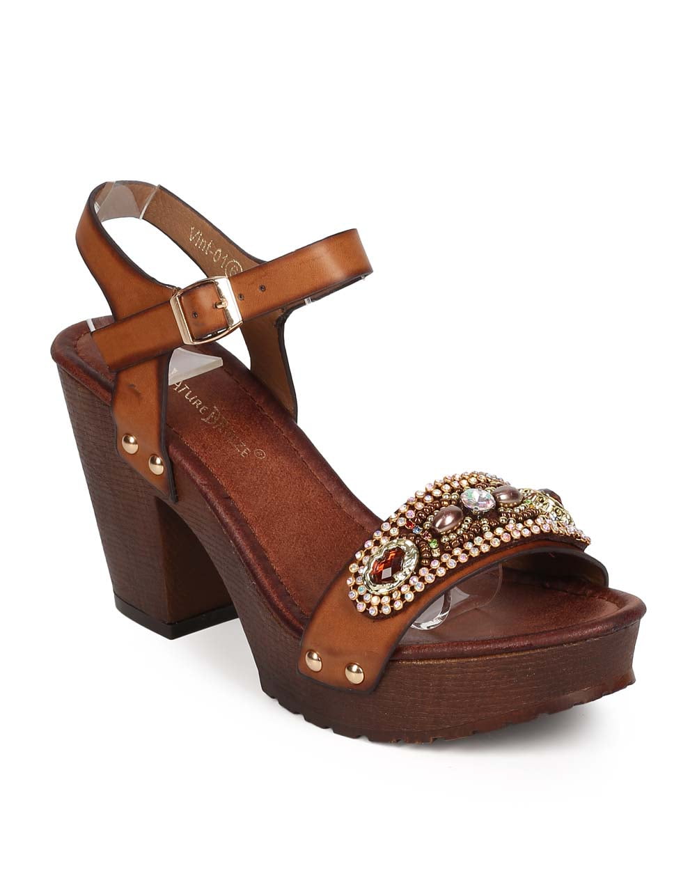 Nature Breeze ED51 Women Leatherette Open Toe Gem Studded Wooden Clog ...