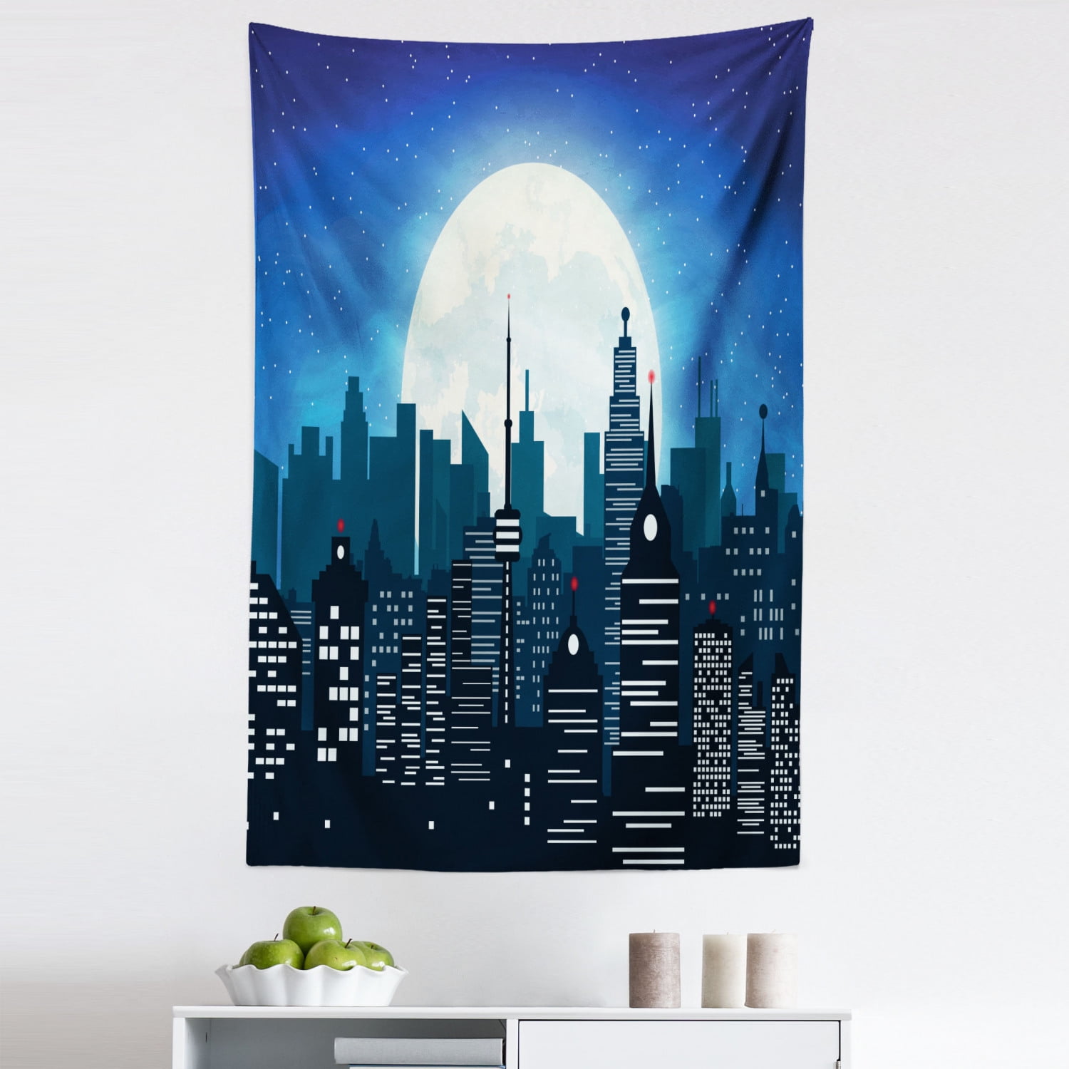 City Tapestry, Silhouette Cityscape Under Night Sky with Full Moon ...