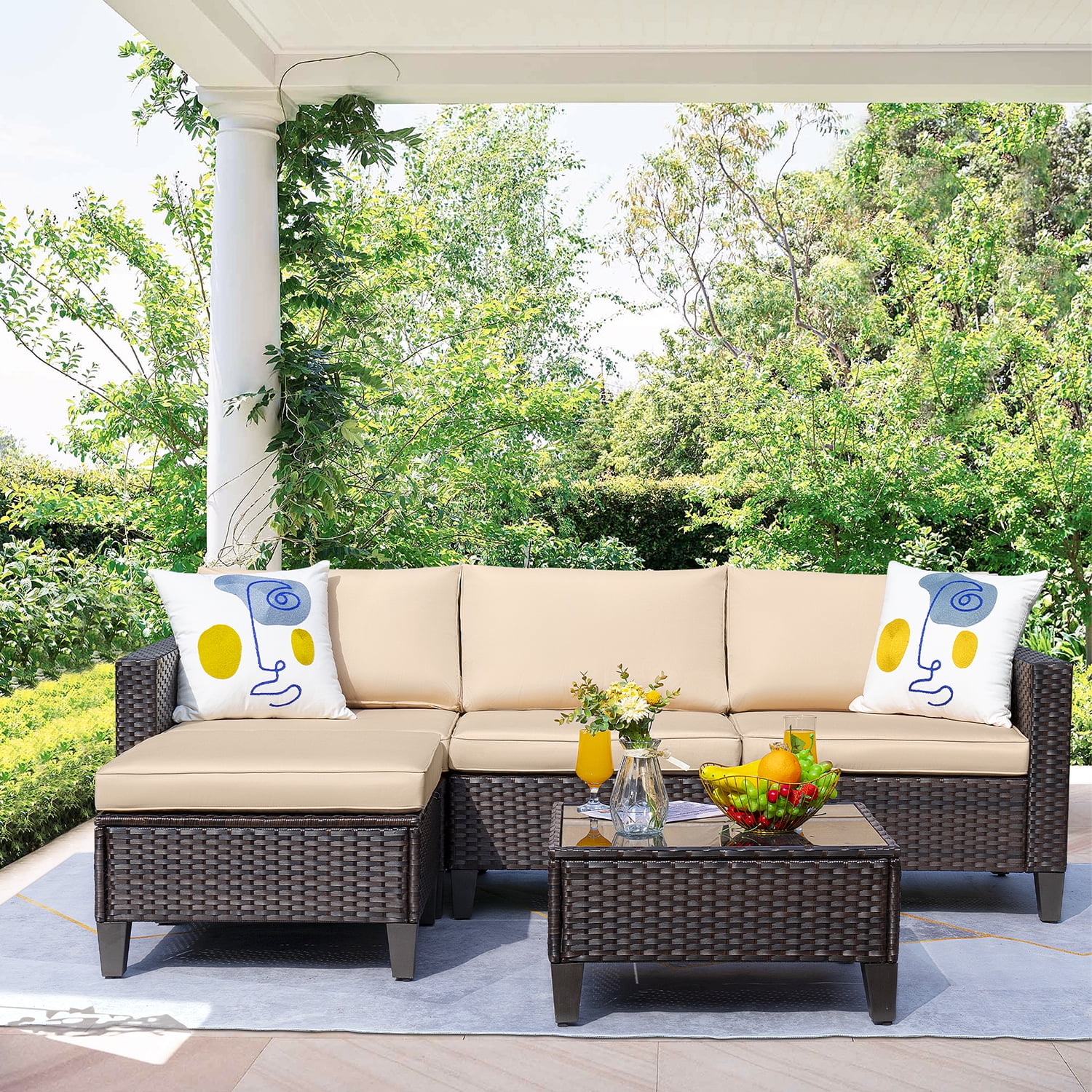 Homall 5 Pieces Patio Rattan Sectional Set Outdoor Conversation Set ...