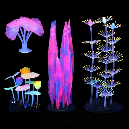 4 Pack Glowing Fish Tank Decorations, Silicon Glow Aquarium Plants ...