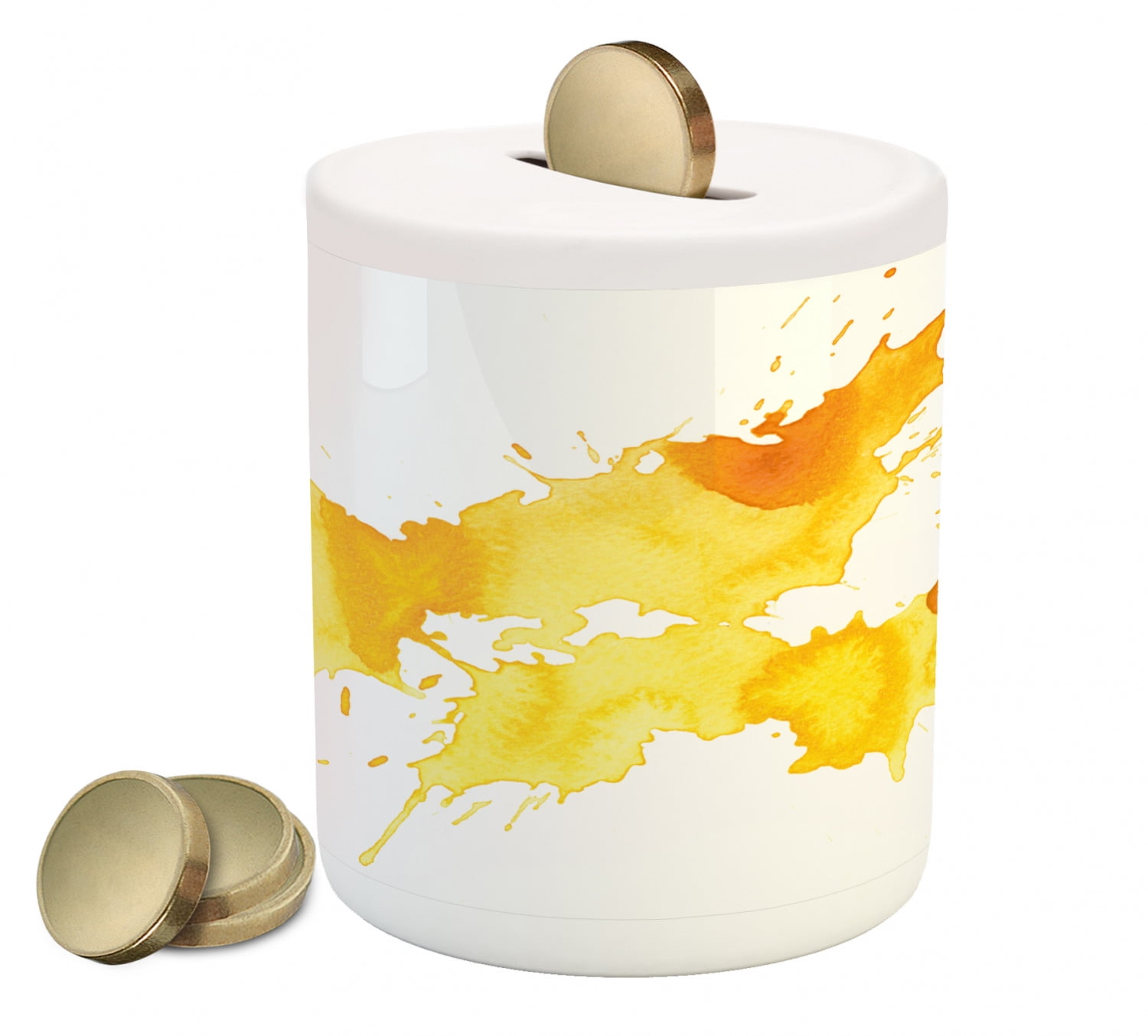 Yellow and White Piggy Bank, Abstract Splash Watercolor on White ...