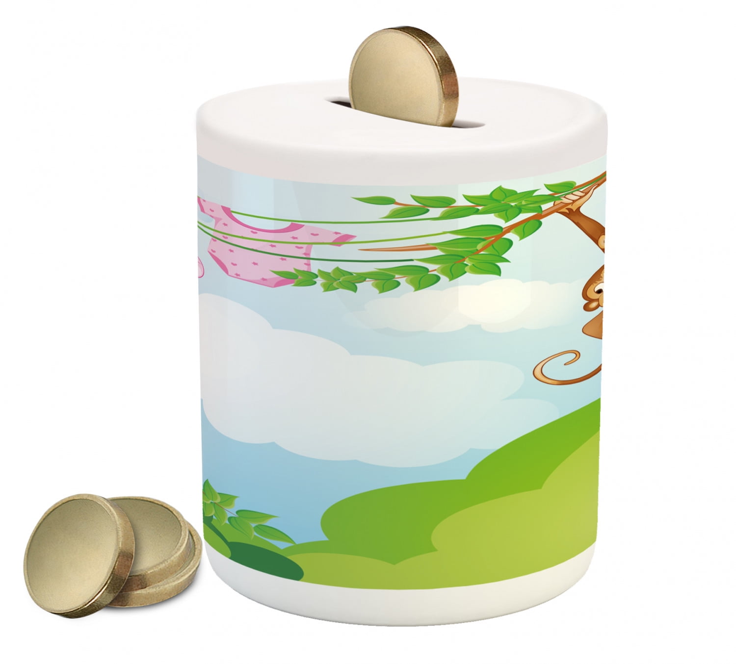 Cartoon Piggy Bank, Monkey Swinging with the Clothes Chimpanzee Jungle ...