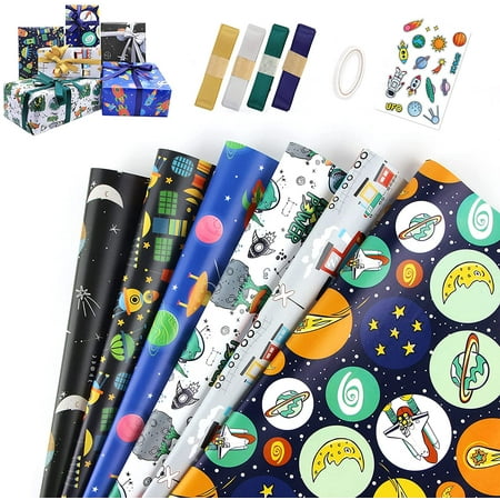 Gift Wrapping Paper, Outer Space Wrapping Paper Kit with Ribbons ...