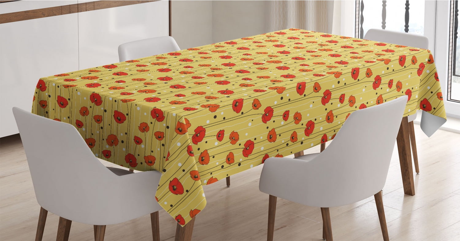 Poppy Flower Tablecloth, Abstract Lines Dots Floral Arrangement ...