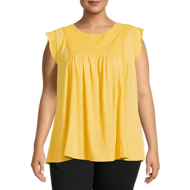Terra And Sky Womens Plus Size Eyelet Trim Flutter Sleeve Top