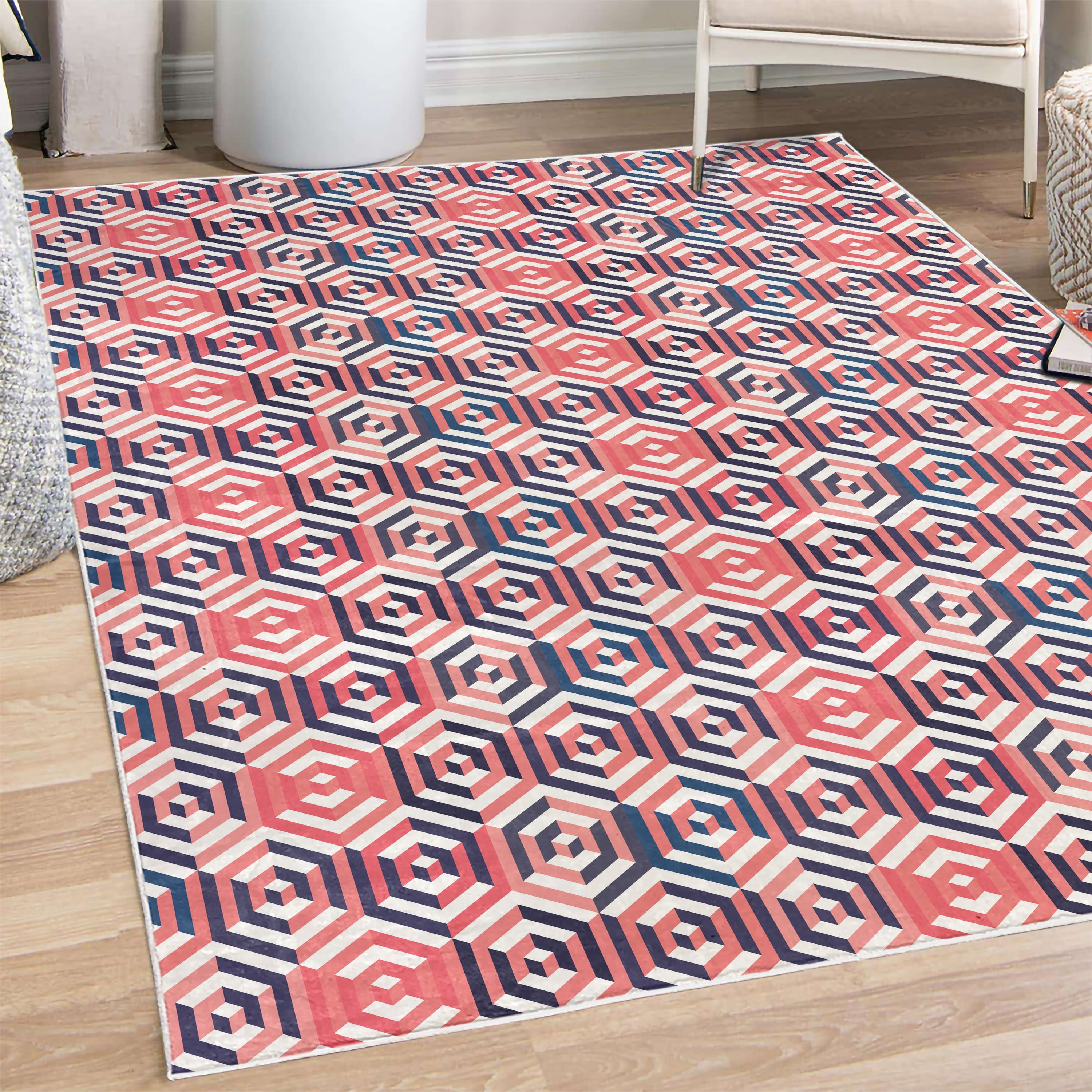 Geometric Decorative Rug Abstract Cubes Isometric Hexagonal Shaped Pattern Colorful Retro