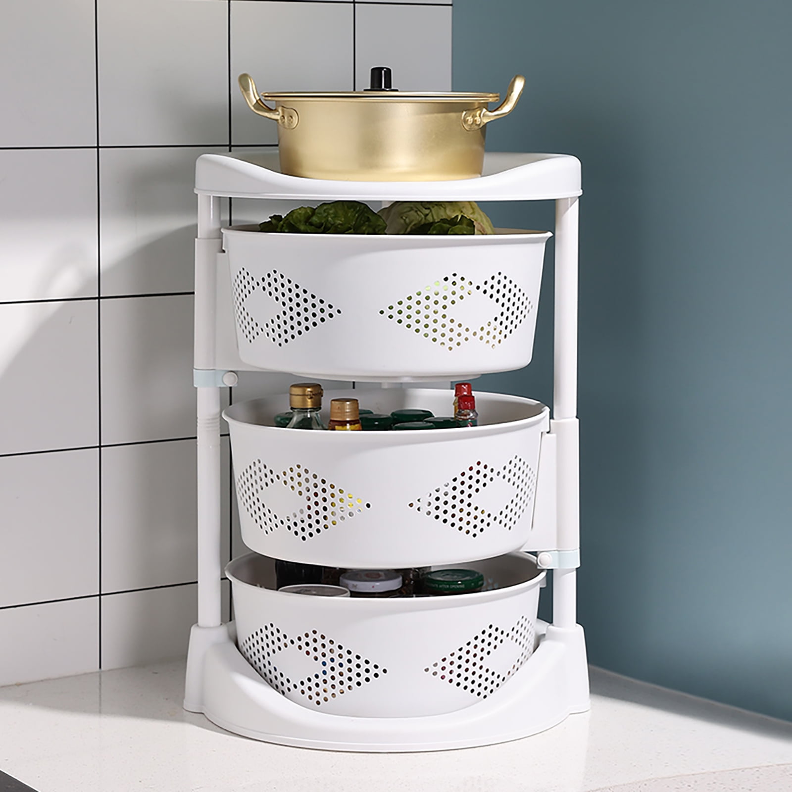 Rotating Fruit and Vegetable Baskets with Wheels, 3-Tier Height ...