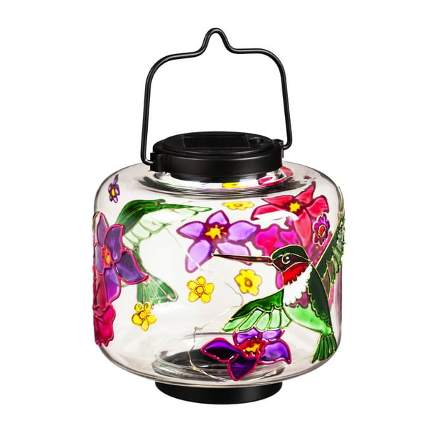 Evergreen Solar Glass Lantern with Hummingbird Art, 6.3'' x 6.3'' x 6.3 ...