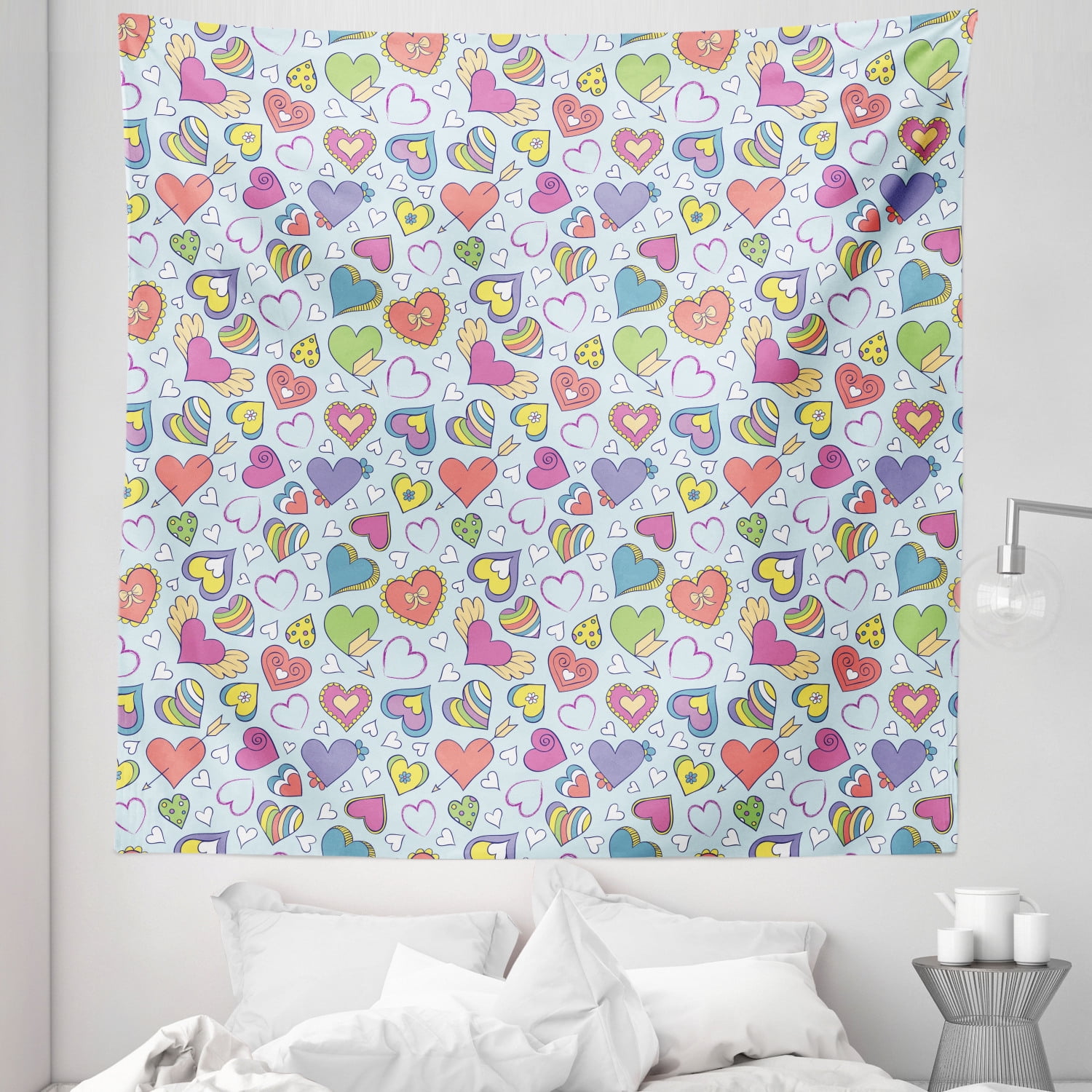 Valentines Tapestry, Various Kinds of Hand Drawn Style Colorful Hearts ...