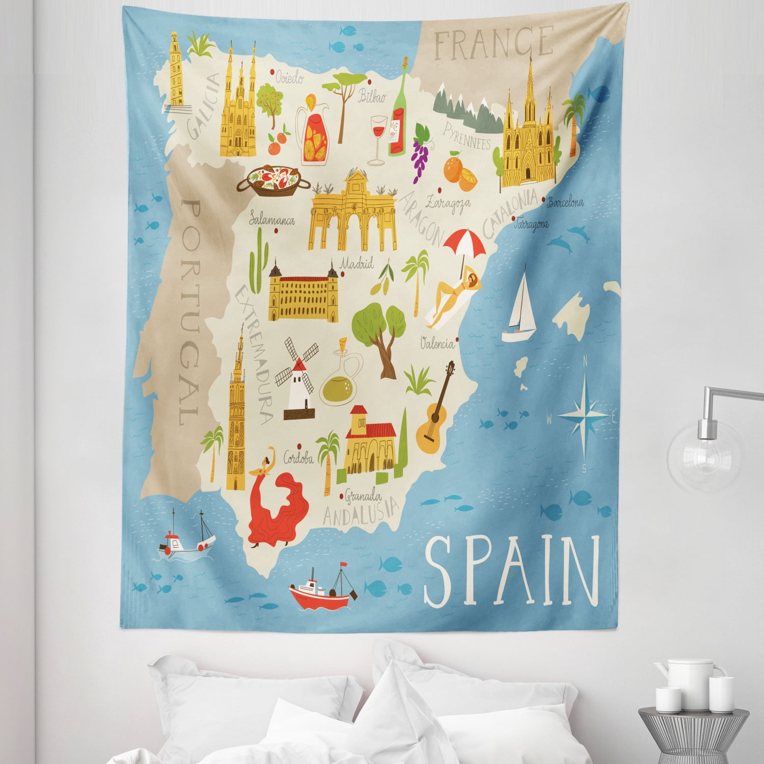 Travel Tapestry, High Detailed Spain Mapping Calligraphy and Famous ...