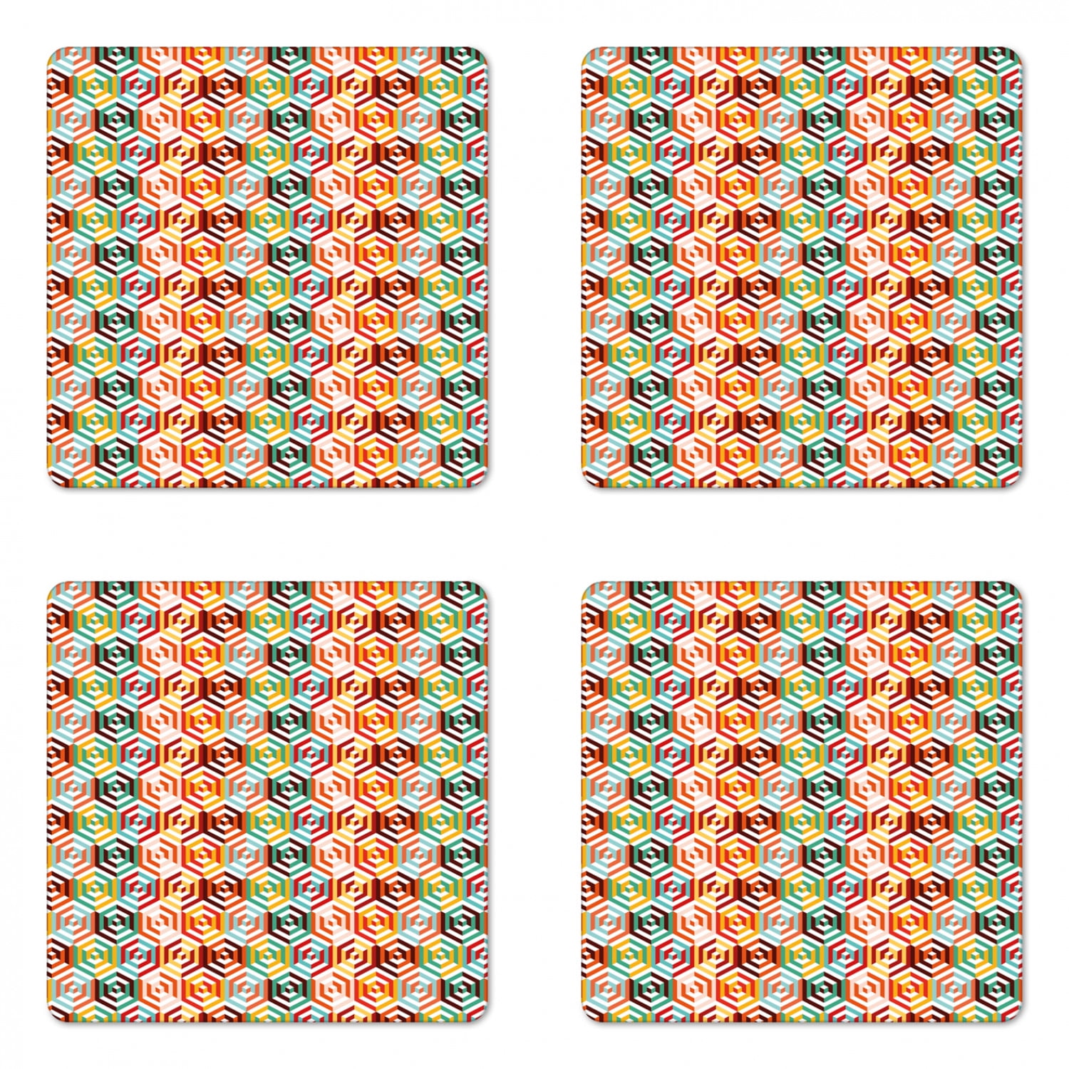 Geometric Coaster Set Of 4 Abstract Cubes Isometric Hexagonal Shaped Pattern Colorful Retro