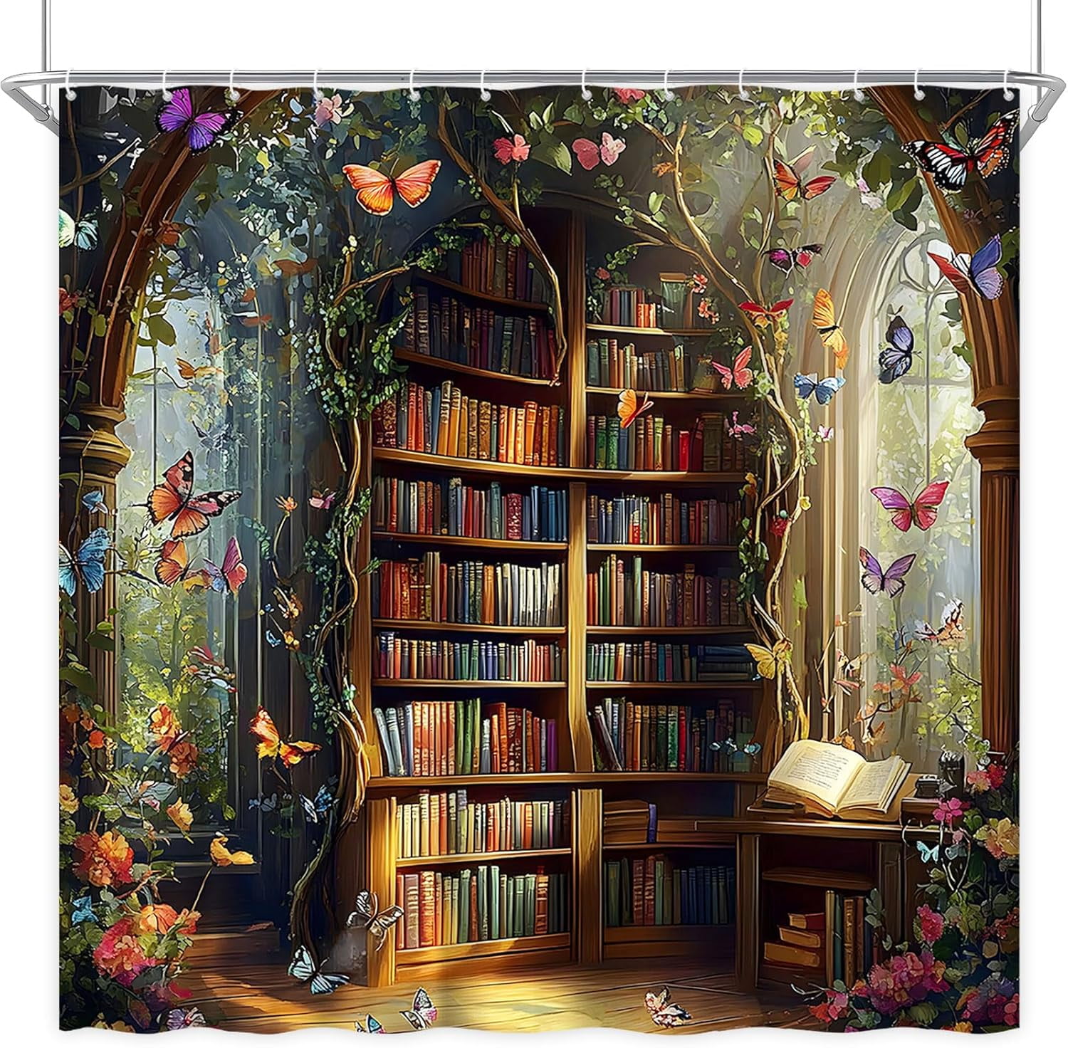 Fantasy Library Shower Curtain Vintage Bookshelf Butterfly Green Plant ...