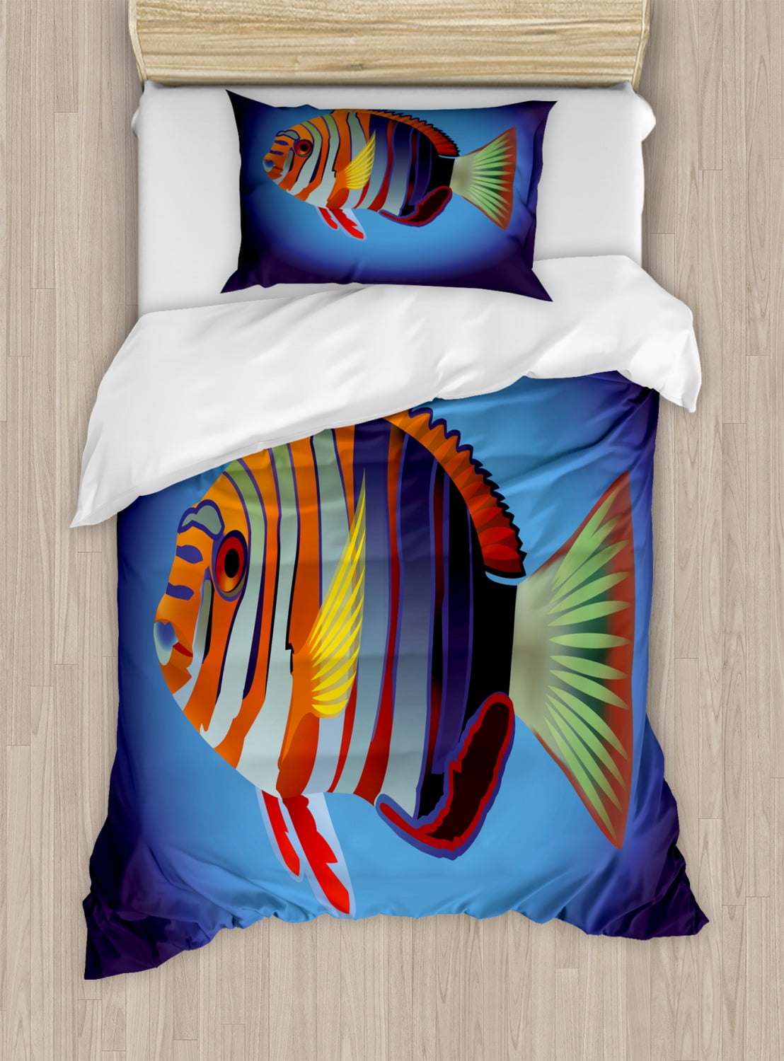 Marine Duvet Cover Set Twin Size, Tropical Exotic Ocean Sea Fish with ...