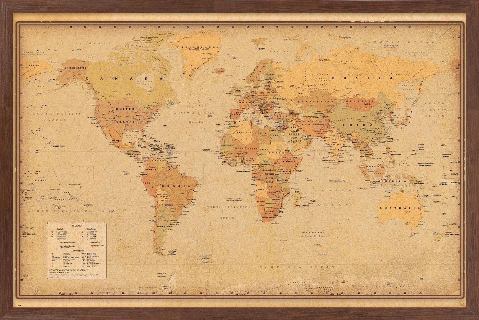 Antique World Map 2023 Wall Poster, 22.375" x 34" Framed - Walmart.com