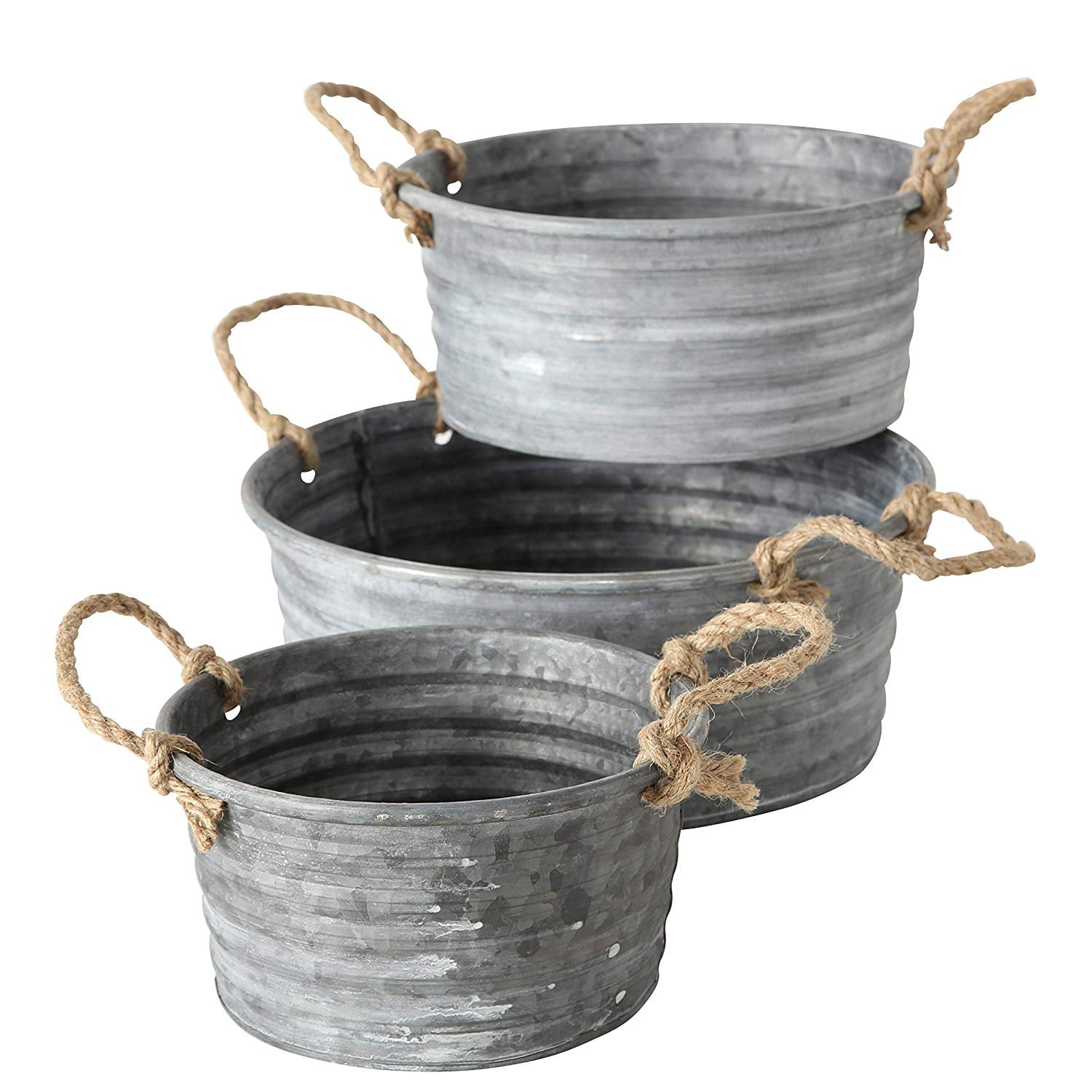 Farmers Market Chubby Tub Planters, Set of 3, Rope Handles, Galvanized ...