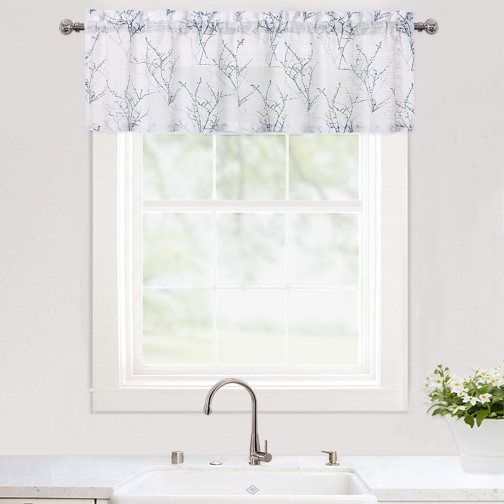 Kitsin Valance Curtains for Kitchen, Tree Branch Printed Linen Textured ...
