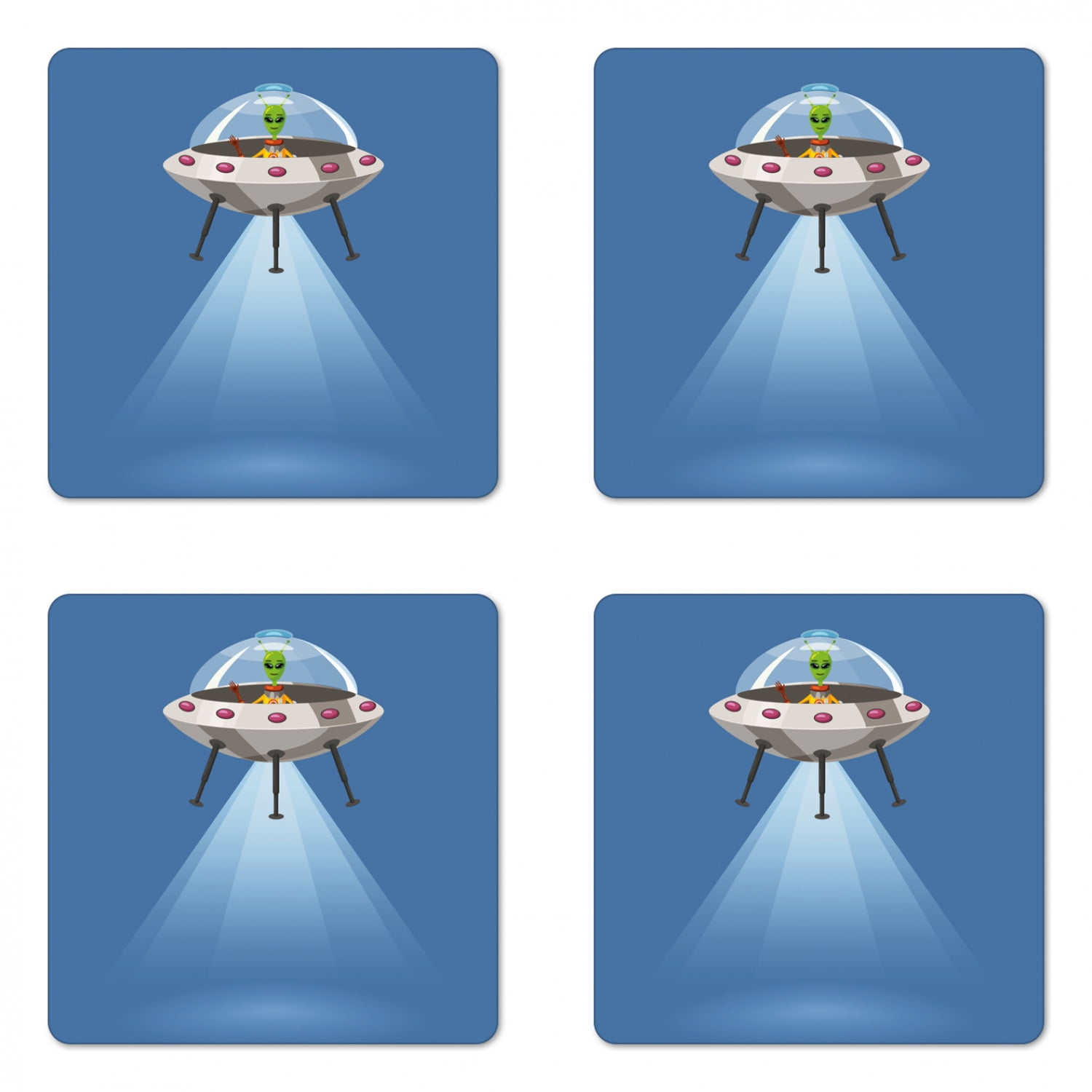 Alien Coaster Set of 4, Flying UFO with a Green Creature Waving ...